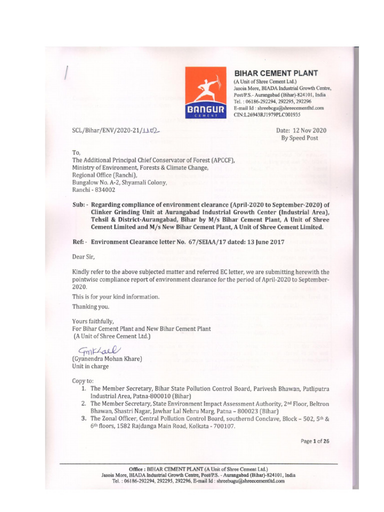Bihar Cement Plant Environment Compliance April Sep 2020 | PDF | Cement | Concrete