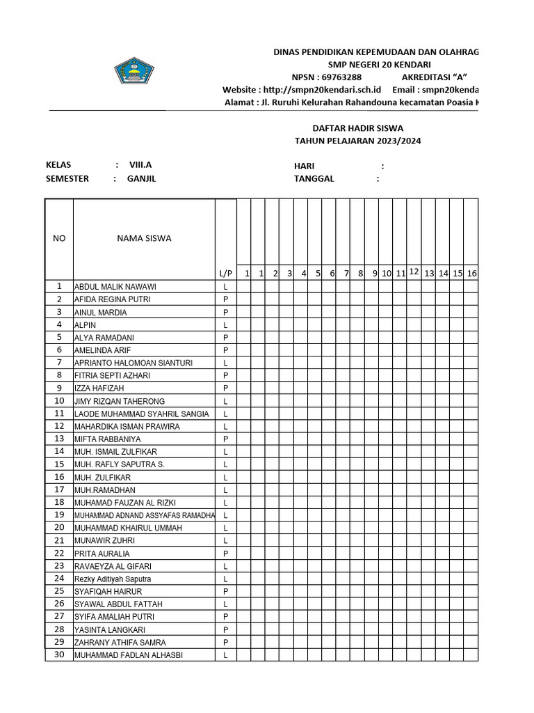Daftar Hadir Siswa SMPN 20 Kendari 2023/2024 | PDF