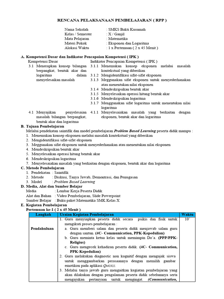 Contoh RPP MTK - 080318 | PDF