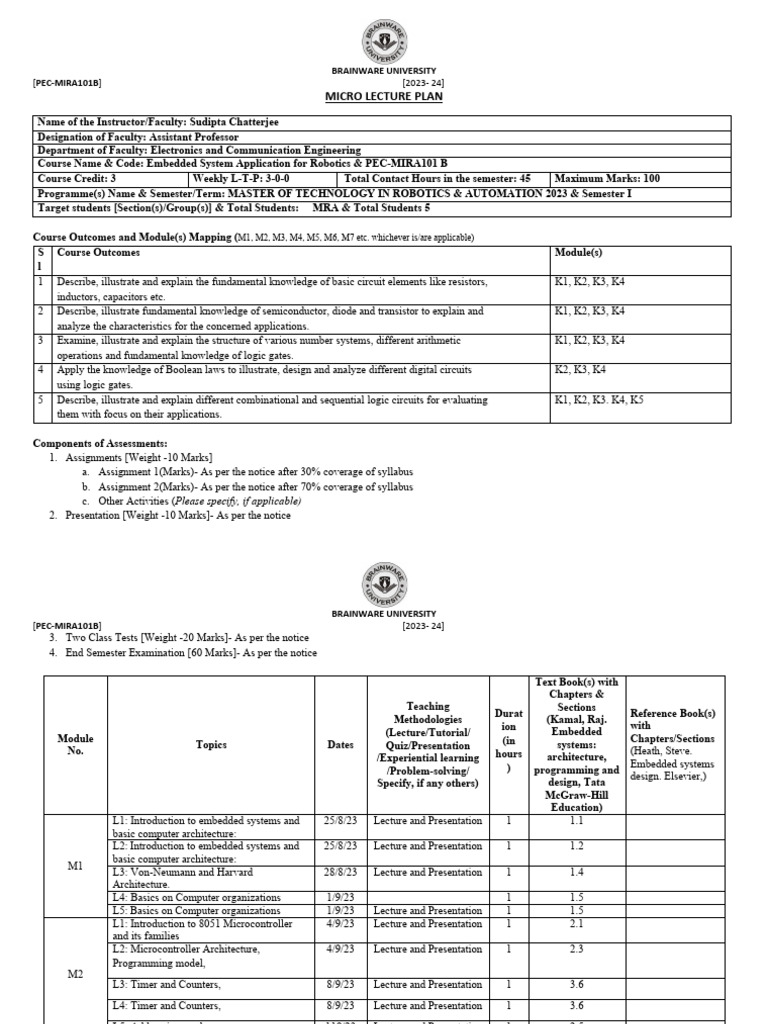 PEC-MIRA101B - Embedded System Application For Robotics - M.Tech RA - 2023-25 - MLP | PDF ...