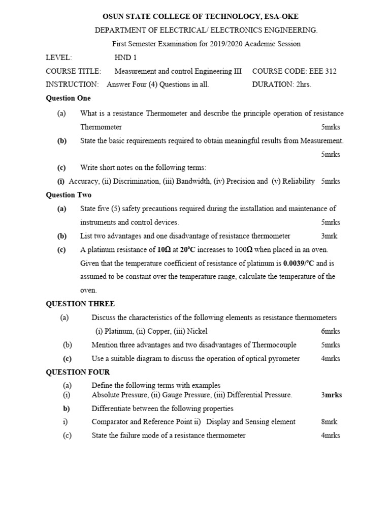 Measurement and Control Engineering Exam | PDF | Electrical Resistance ...