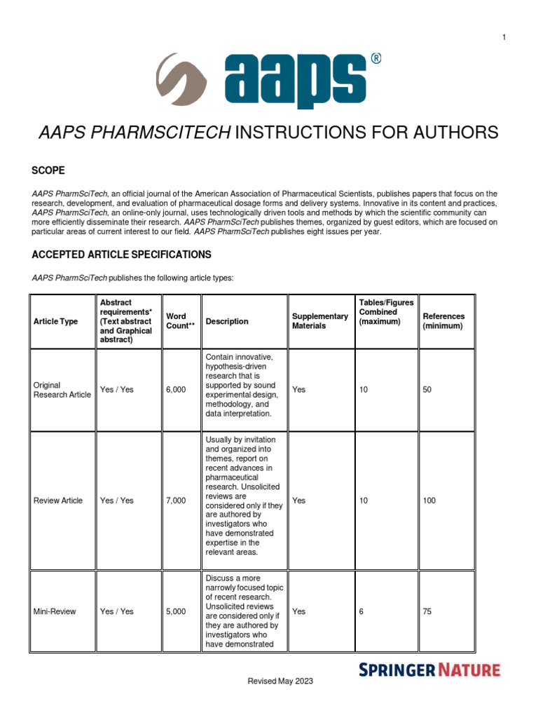 AAPS PharmSciTech Author Guidelines | PDF | Open Access