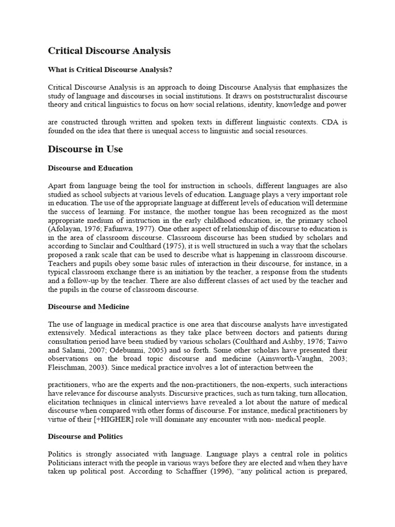Critical Discourse Analysis | PDF | Discourse | Linguistics