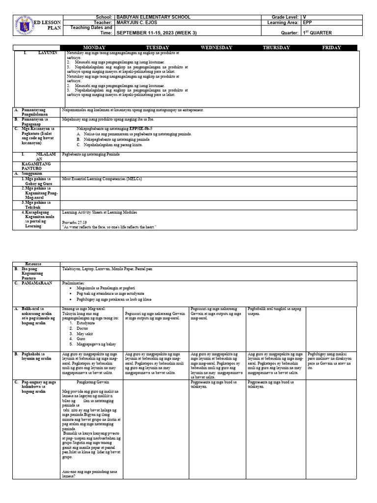 DLL - Epp 5 Q1 - W3 | PDF