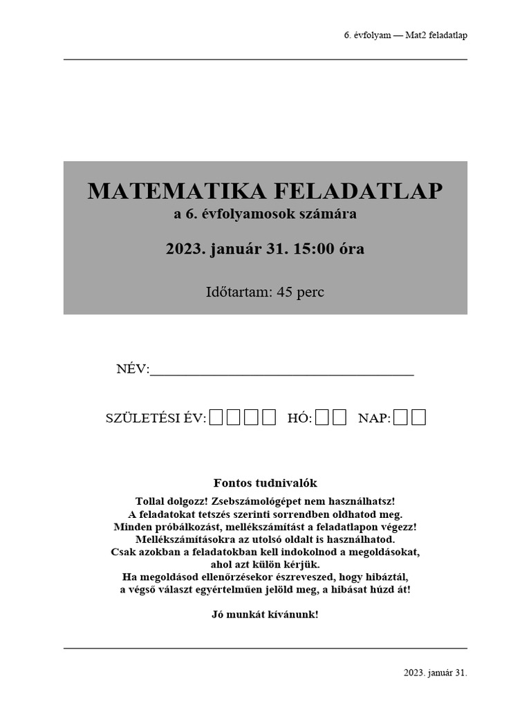 Matematika Feladatlap: 2023. Január 31. 15:00 Óra | PDF