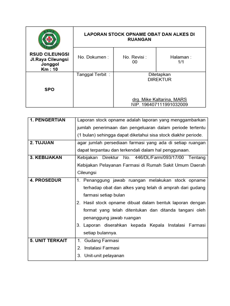 1 Sop Laporan Stock Opname Obat Dan Alkes Di Ruangan 1 Pdf