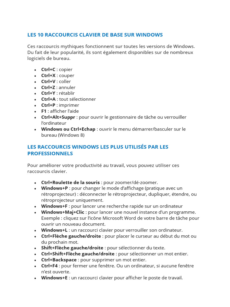 Les 10 Raccourcis Clavier de Base Sur Windows | PDF | Raccourci clavier | Microsoft Windows