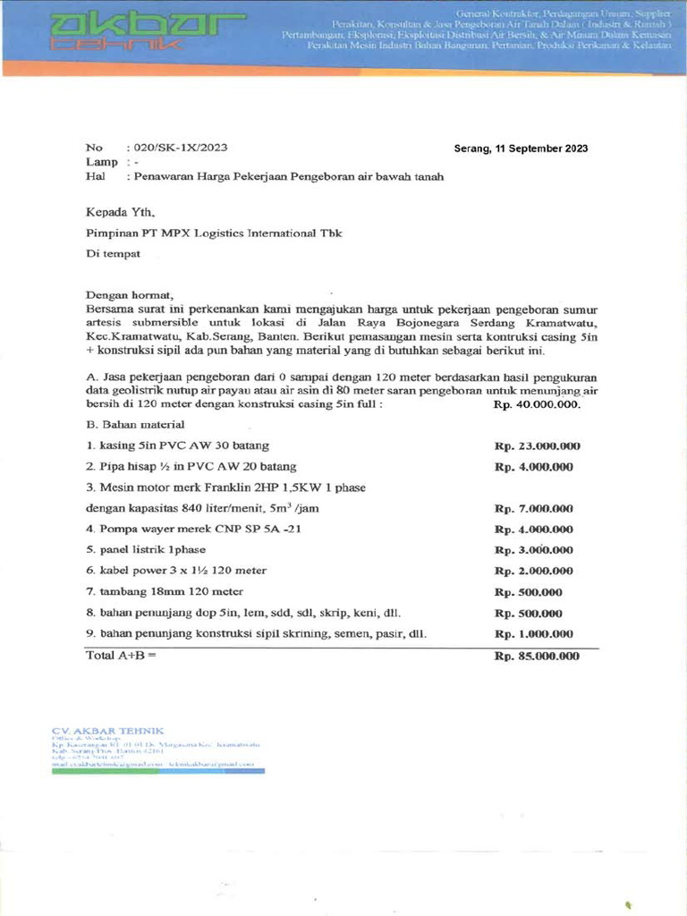 Penawaran - CV Akbar Tehnik - Bor 100 Meter | PDF