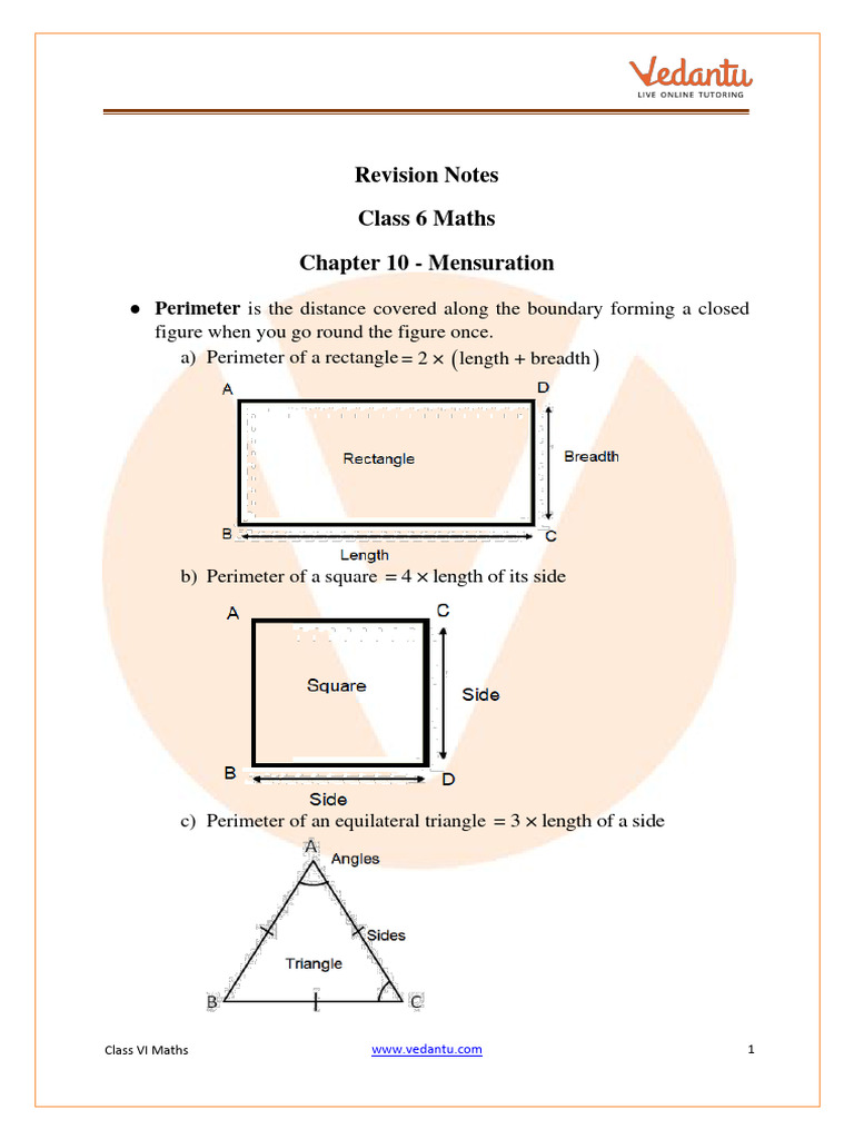 Mensuration Class 6 Notes CBSE Maths Chapter 10 (PDF) | PDF