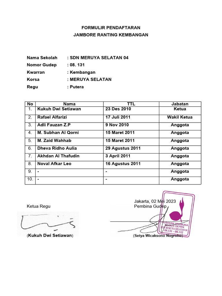 Formulir Pendaftaran Jambore Ranting | PDF
