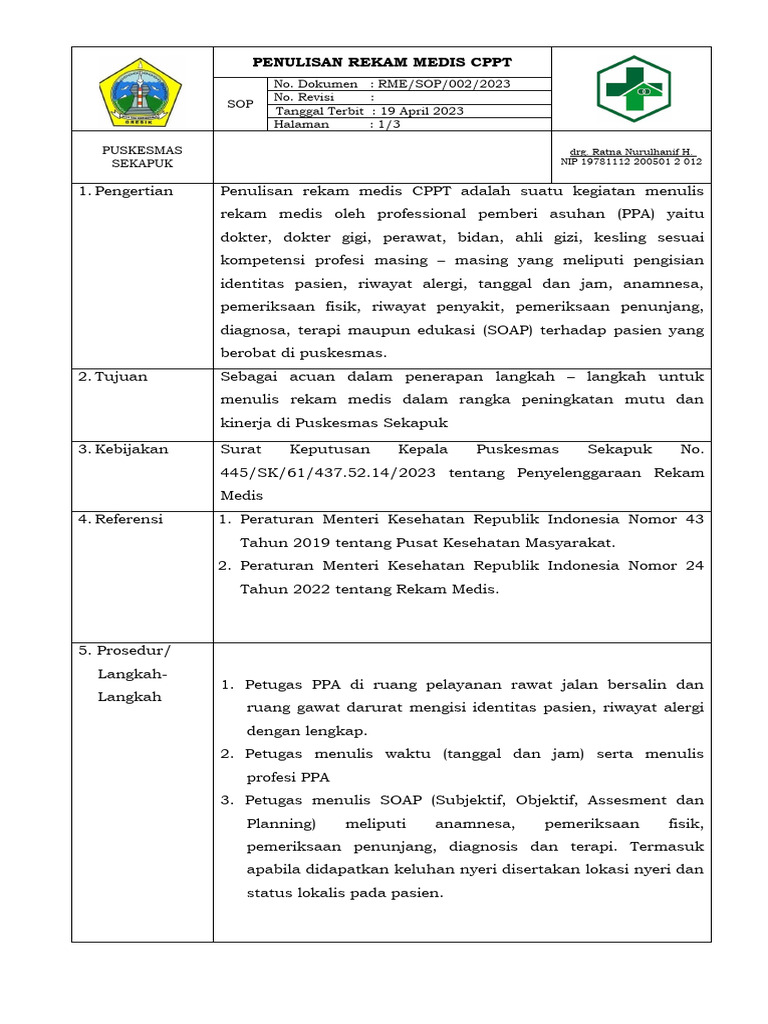 SOP Penulisan Rekam Medis CPPT | PDF | Kesehatan Holistik