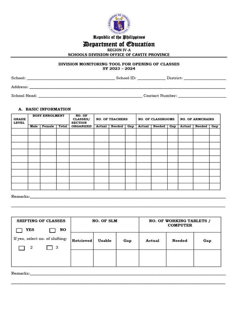 Division Monitoring Tool Opening of Classes SY 2023 2024 | PDF | Schools
