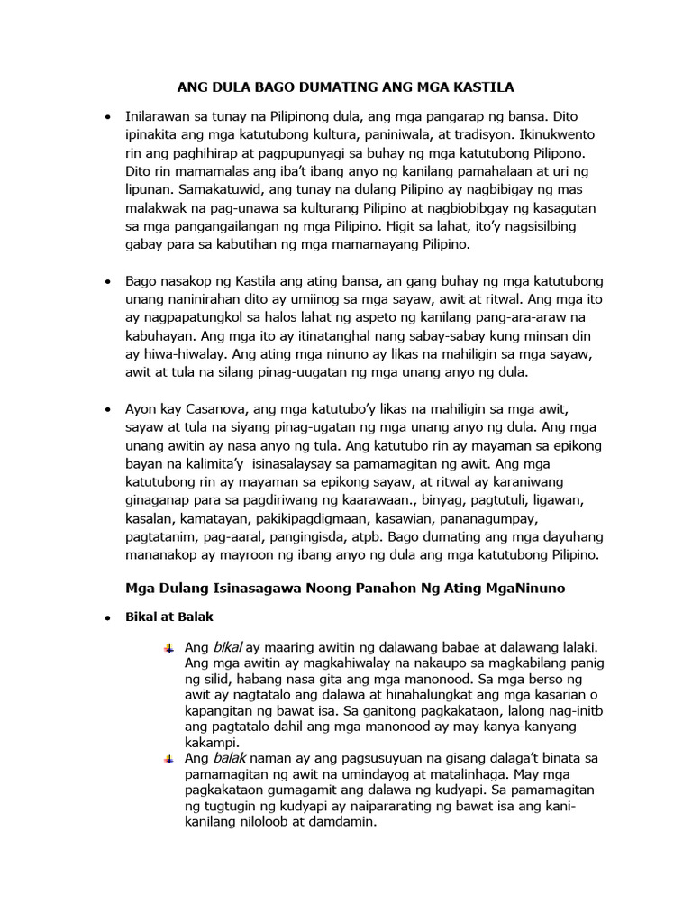 Ang Dula Bago Dumating Ang Mga Kastila | PDF