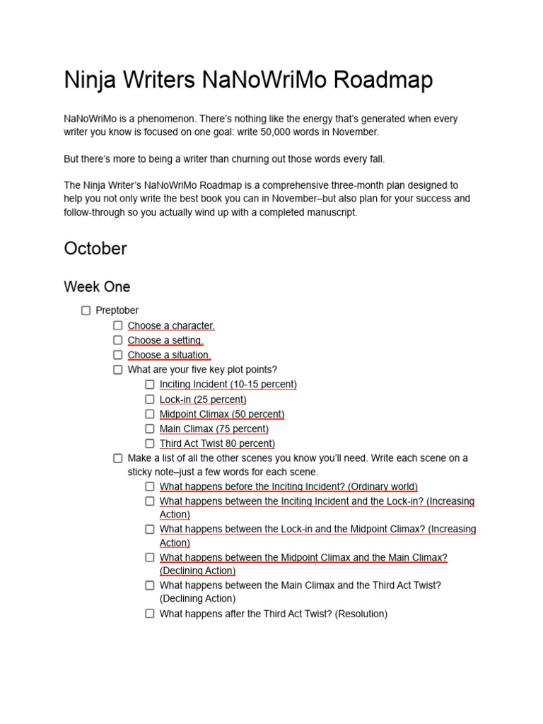 Ninja Writers NaNoWriMo Roadmap | PDF | Plot (Narrative)