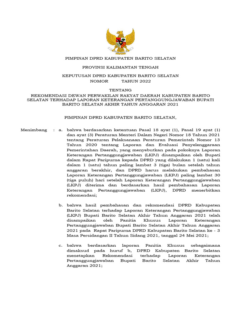 SK DPRD Tentang Penetapan Rekomendasi DPRD LKPJ Tahun 2021 | PDF
