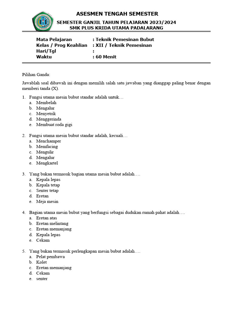 Soal Pts (Kelas Xii TP Bubut) | PDF