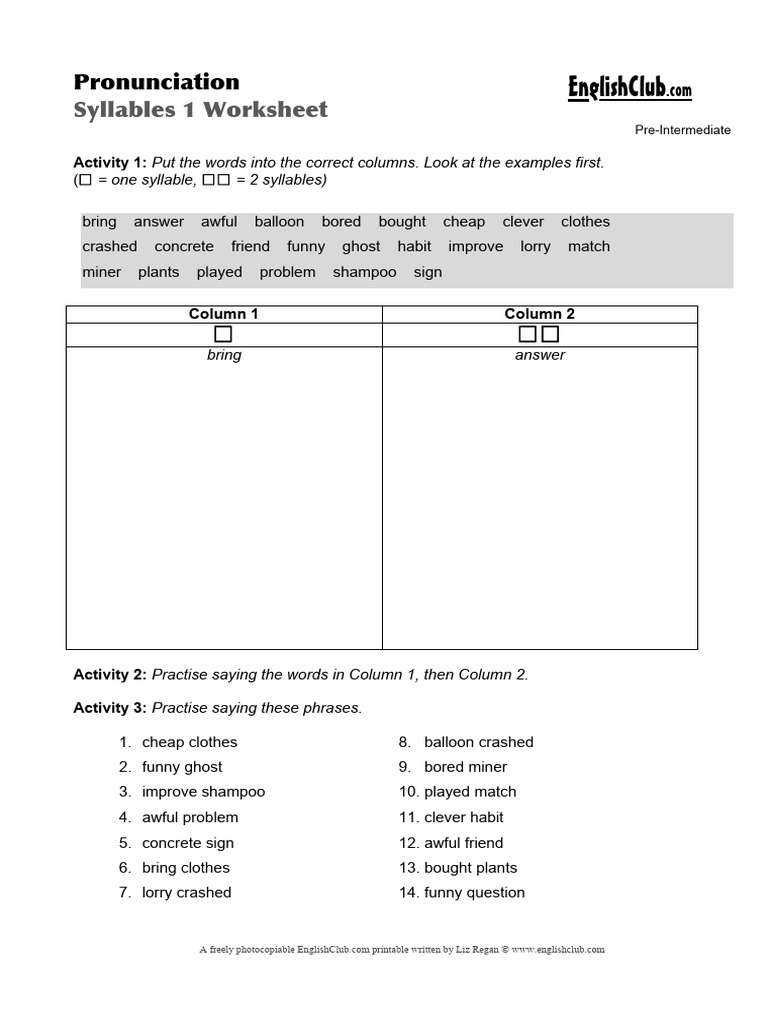 Syllable Division Practice Worksheet | PDF