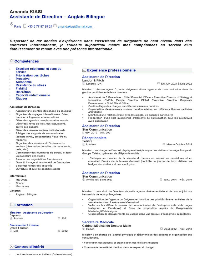 CV Mme Kiasi Amanda | PDF