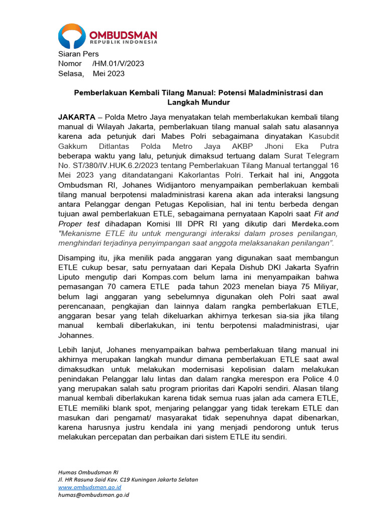 Tilang Manual Jakarta: Maladministrasi? | PDF