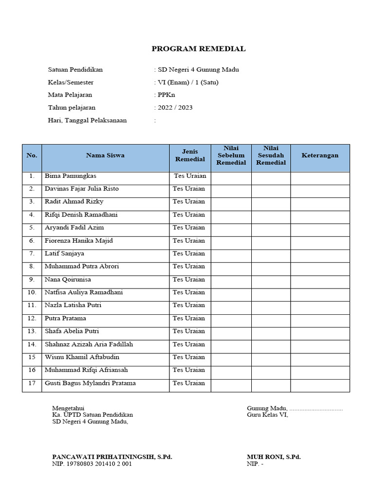 Program Remedial Kelas 6 | PDF