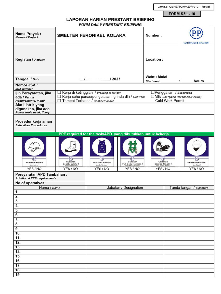 Form Toolbox Talk (Pre Start Briefing) | PDF