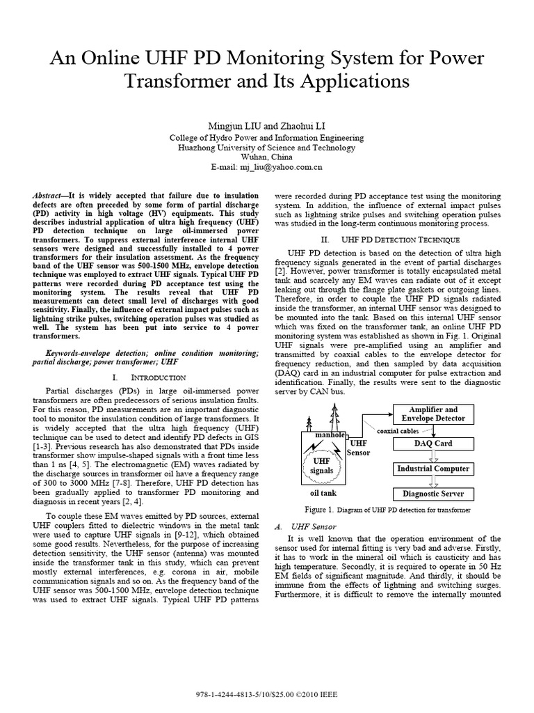 An Online Uhf Pd Monitoring System For Power Transformer And Its Applications Pdf Electrical