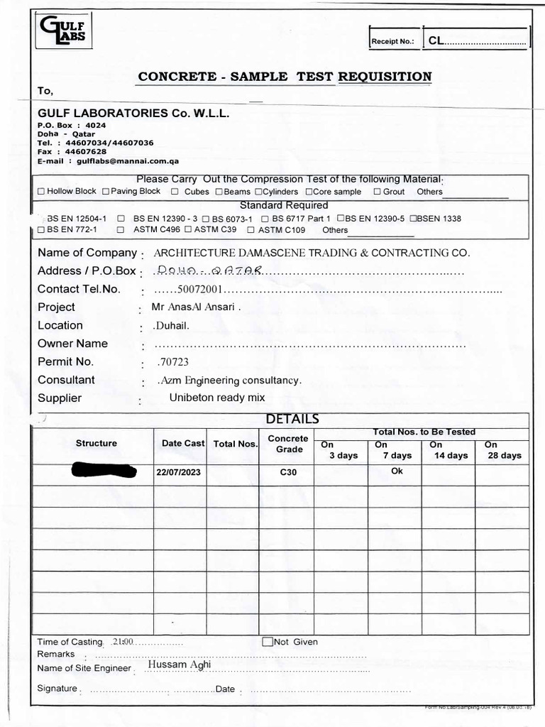 Concrete Test Request Form | PDF