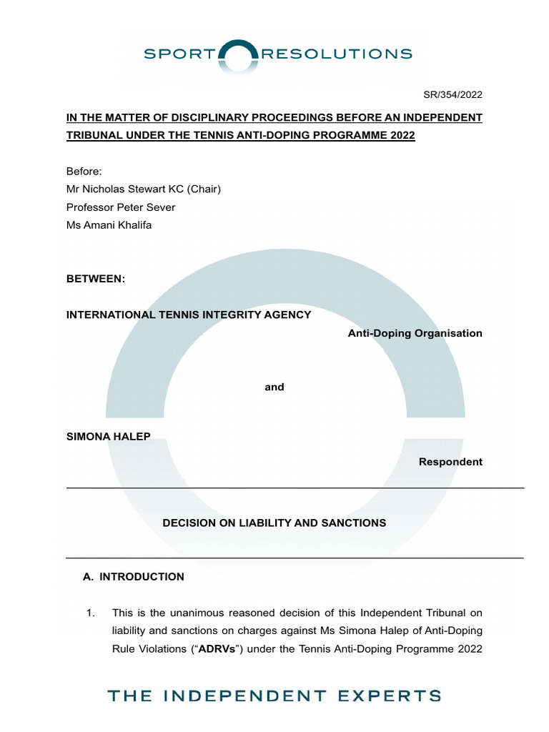 Motivarea Deciziei ITIA in Cazul Simona Halep | PDF | Doping In Sport | Burden Of Proof (Law)