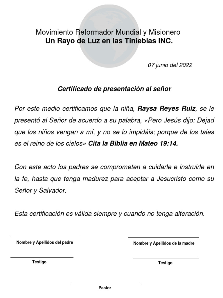 Certificado de Presentacion Al Señor | PDF