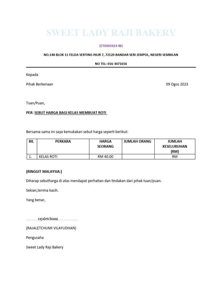 SWEET LADY RAJI Bakery Quotation | PDF