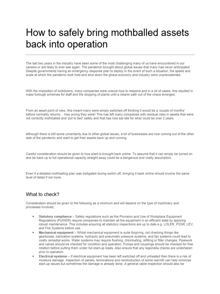 Safely Bring Mothballed Assets Back Into Operation | PDF | Risk | Safety