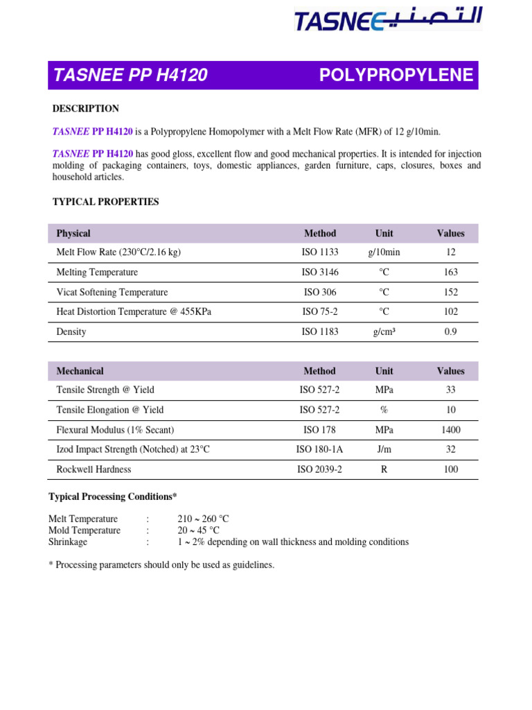 Tds-Tasnee PP h4120 | PDF | Materials Science | Applied And ...