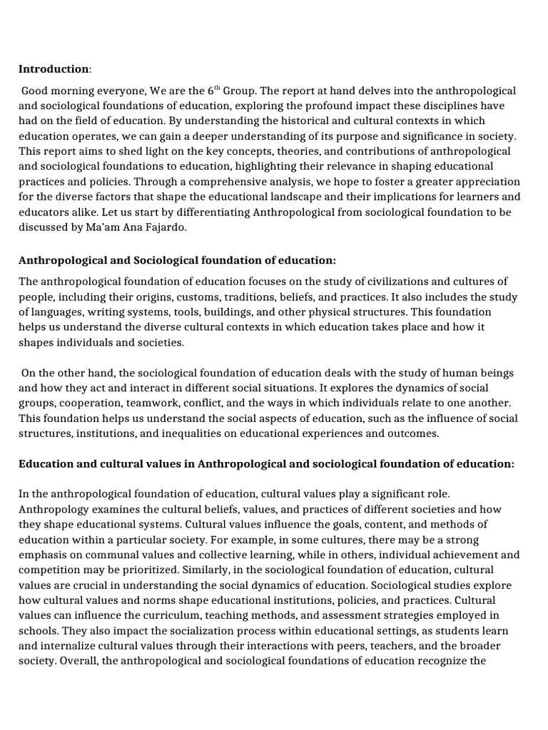 Sociological and Antropological Foundations of Education Report | PDF | Sociology | Anthropology