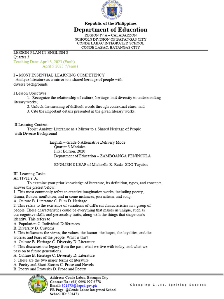 Lesson Plan in English 8 q3 | PDF | Poetry | Learning