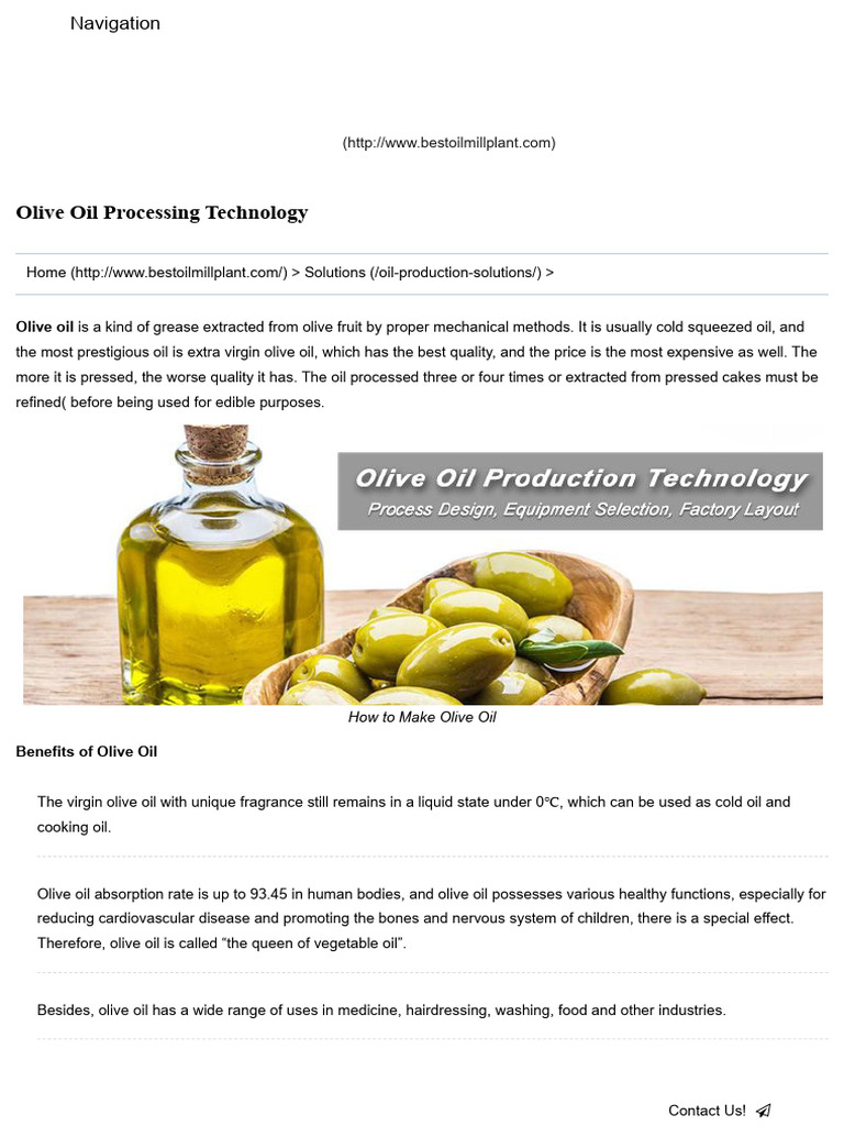 Olive Oil Production and Processing Technology | PDF | Olive | Olive Oil