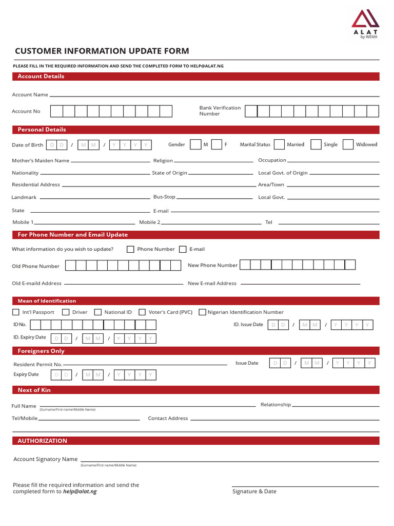 ALAT Account Customer Update Form | PDF | Identity Document ...