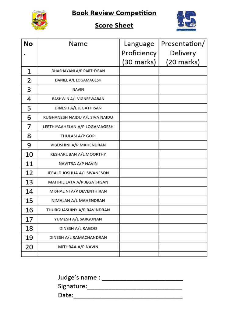 Book Review Competition Score Sheet | PDF