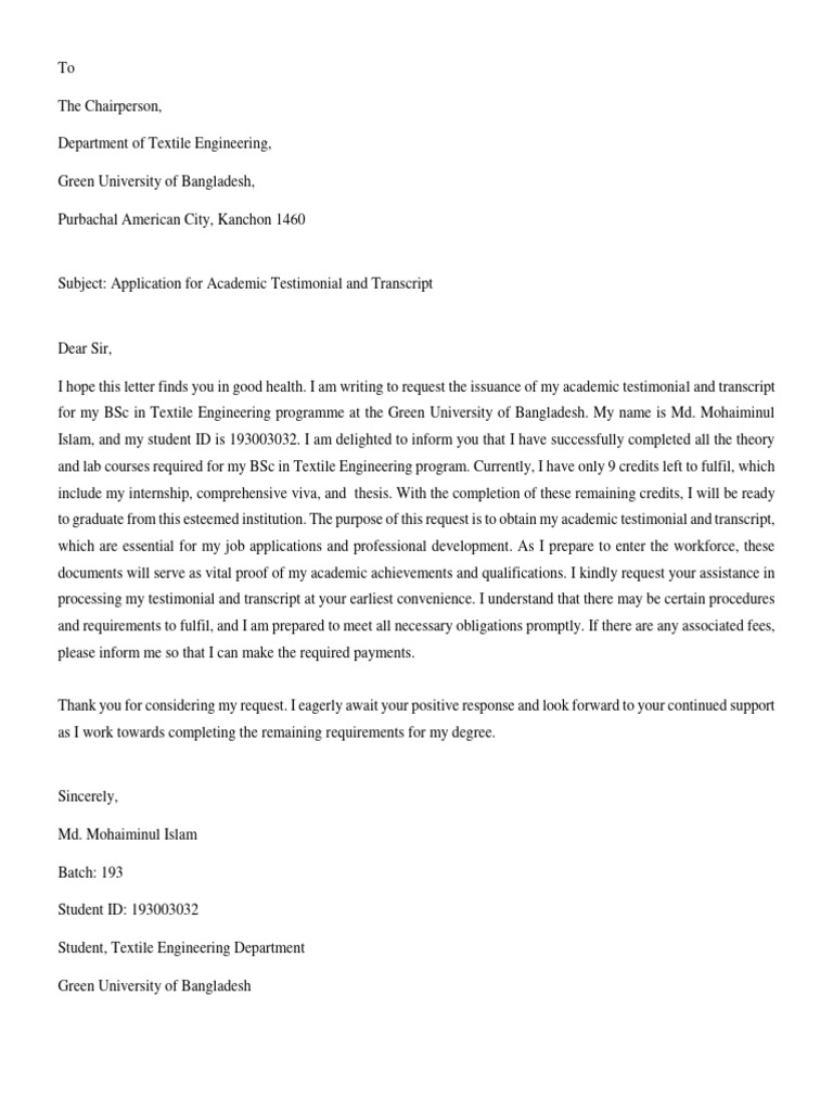 Application for Academic Testimonial and Transcript | PDF