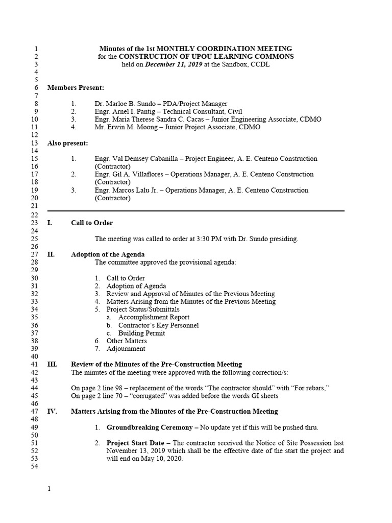Minutes of The 1st Coordination Meeting (Sample) | PDF | Concrete