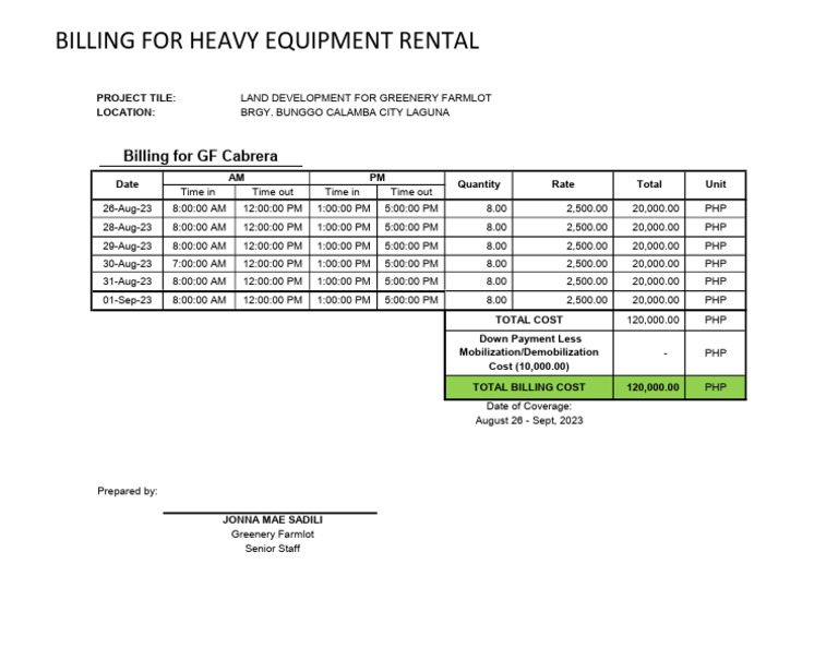 Billing For Backhoe Rental 09022023 | PDF