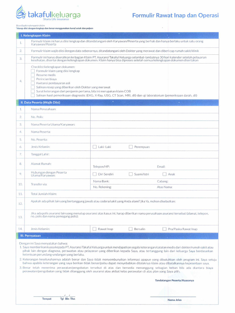 Form Rawat Inap Takaful | PDF