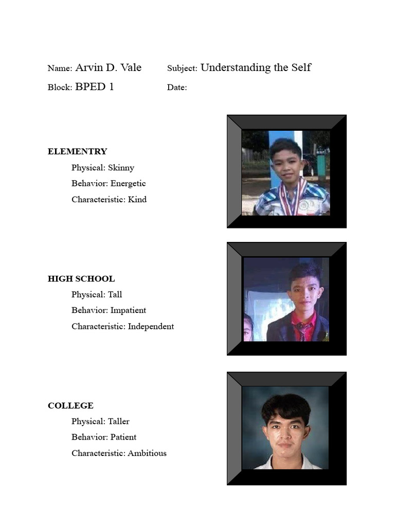 Arvin D. Vale Understanding The Self Bped 1: Name: Subject: Block: Date | PDF