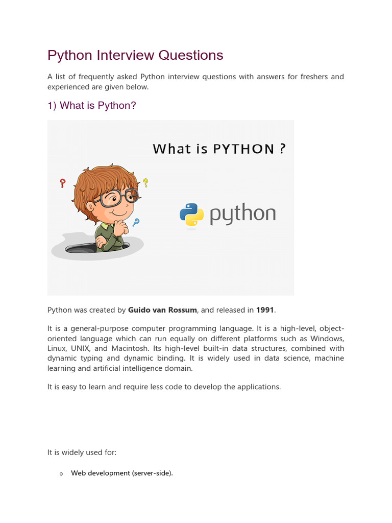 Interview Questions Pdf Python Programming Language Parameter Computer Programming