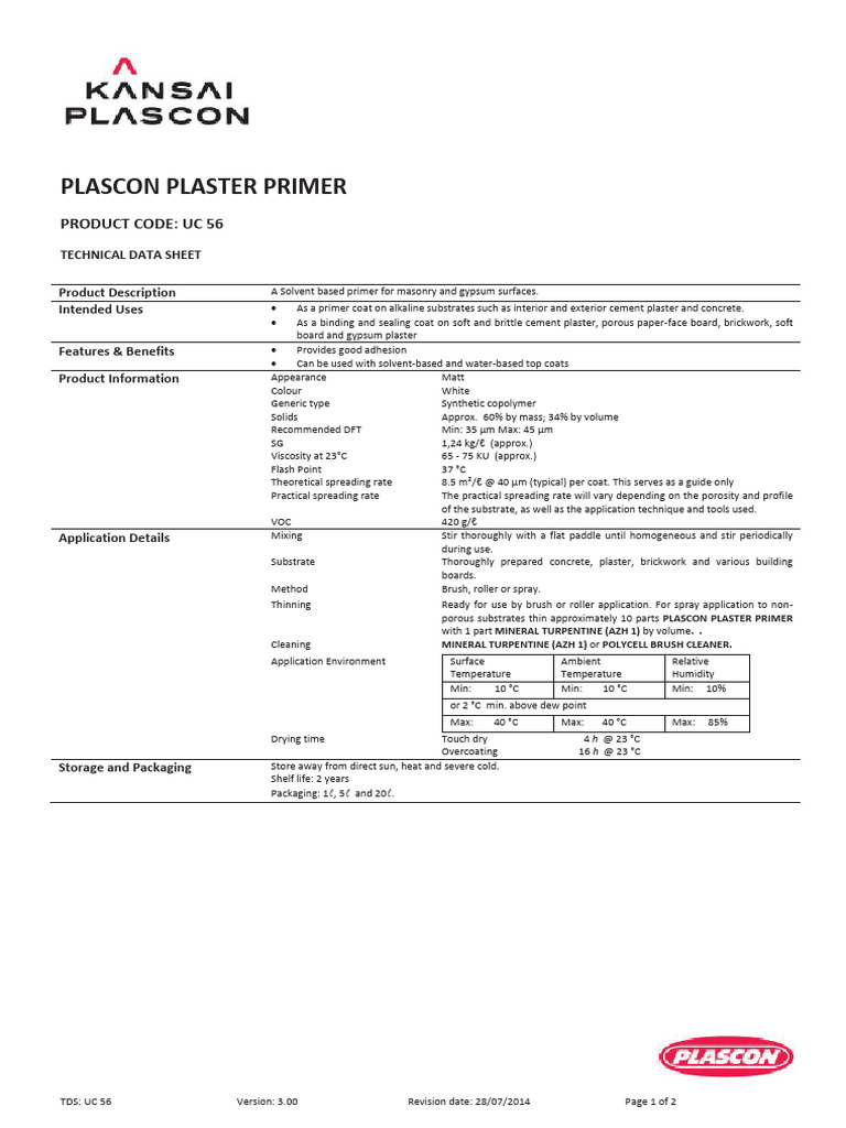 Tds Uc 56 Plaster Primer 1 | PDF | Paint | Plaster