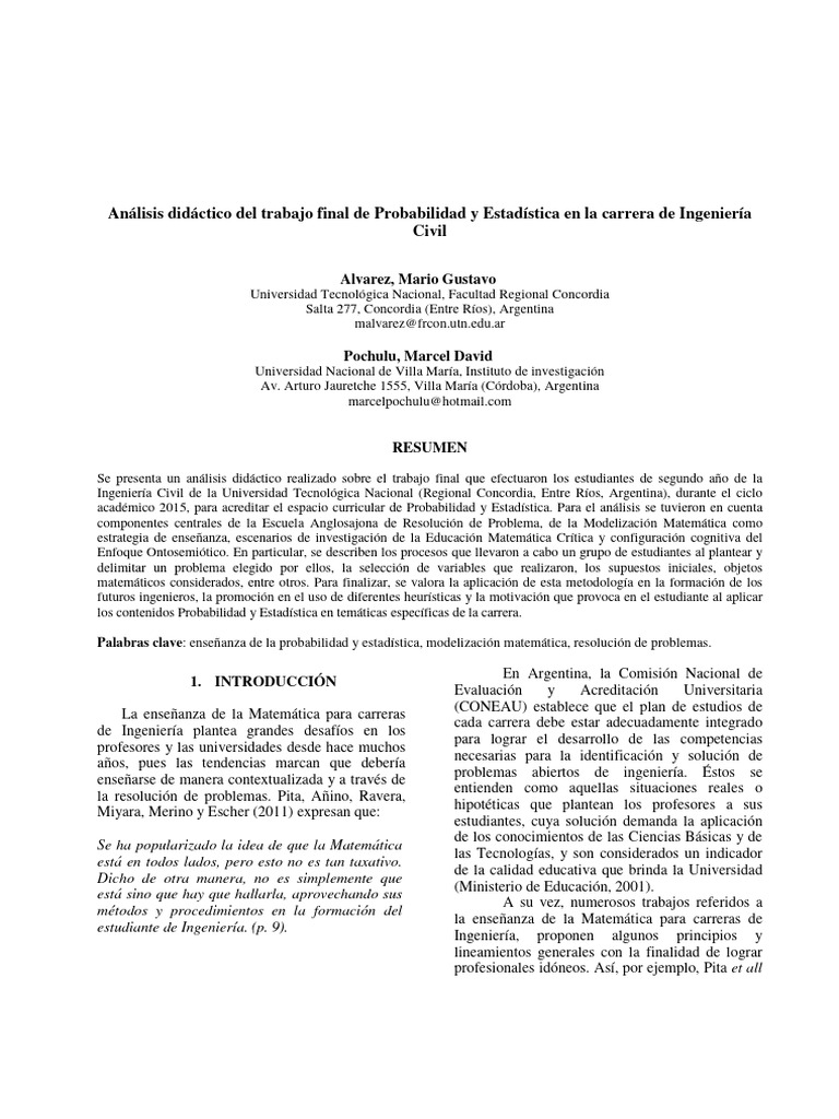 Análisis Didáctico Del Trabajo Final de Probabilidad y Estadistica en La Carrera de Ingeniería ...