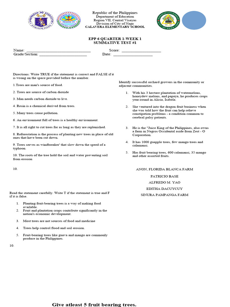 Epp 6 Quarter 1 Week 1 | PDF | Trees | Plants