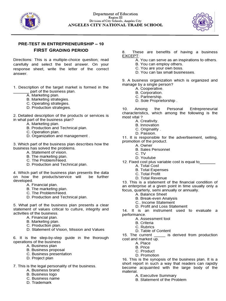 Q1 Pretest A L | PDF | Entrepreneurship | Business
