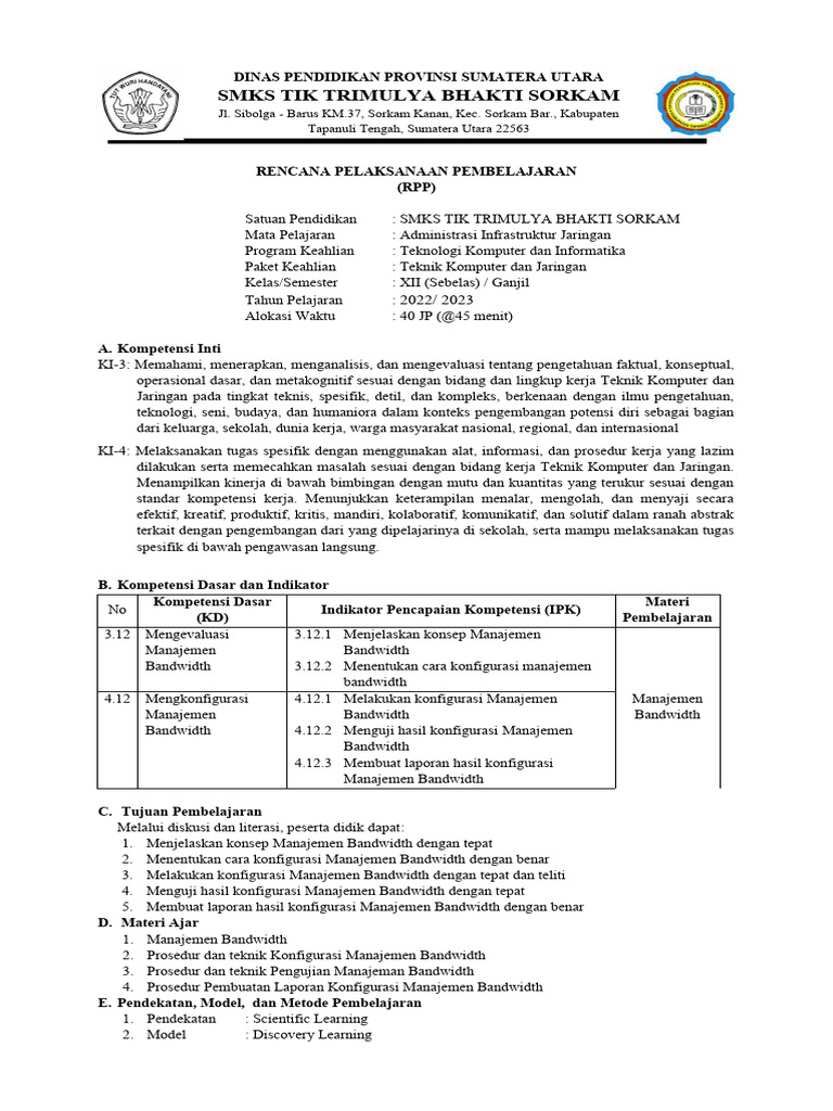 C. RPP AIJ KD 3.12 (Mengevaluasi Manajemen Bandwidth) SEMESTER I | PDF