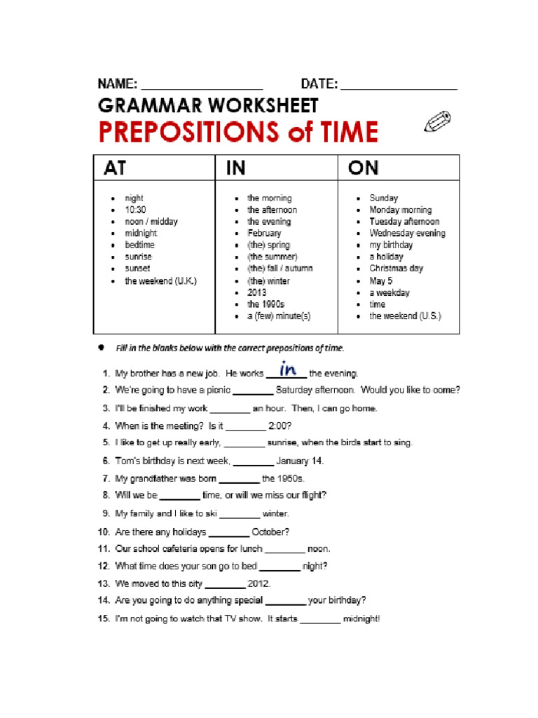 Prepositions of Time & Exercises | PDF