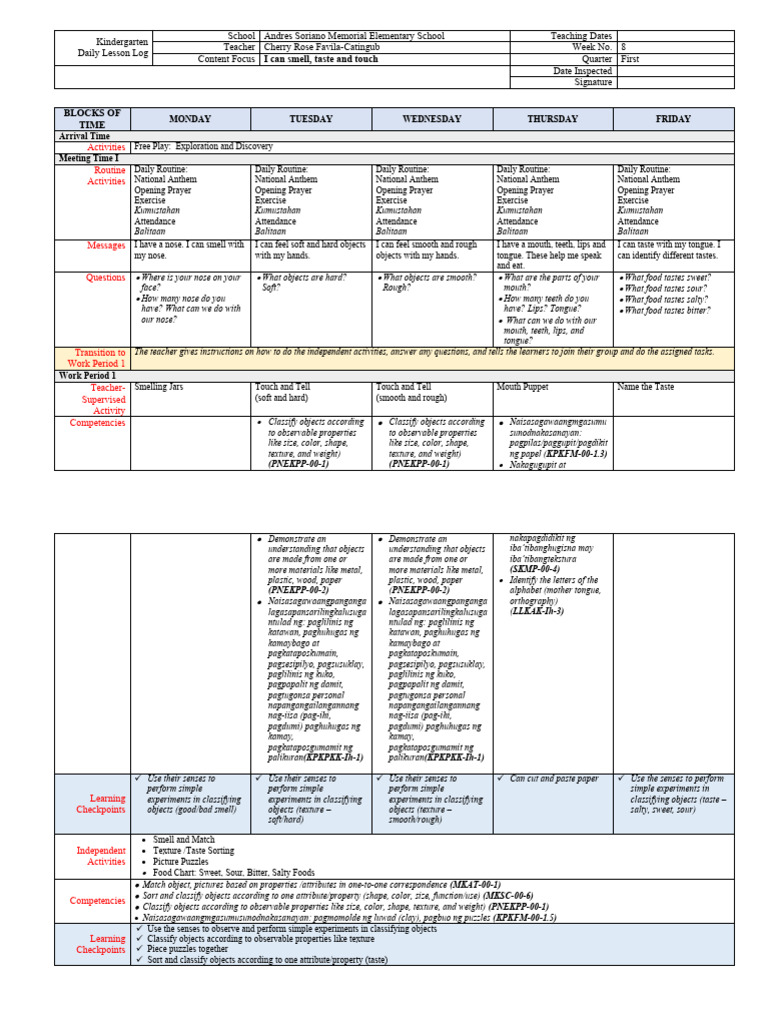 Kindergarten DLL Week 8 | PDF | Taste | Teachers